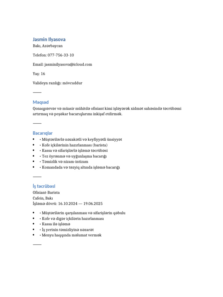 Скачать Jasmin Ilyasova CV YENI | PDF