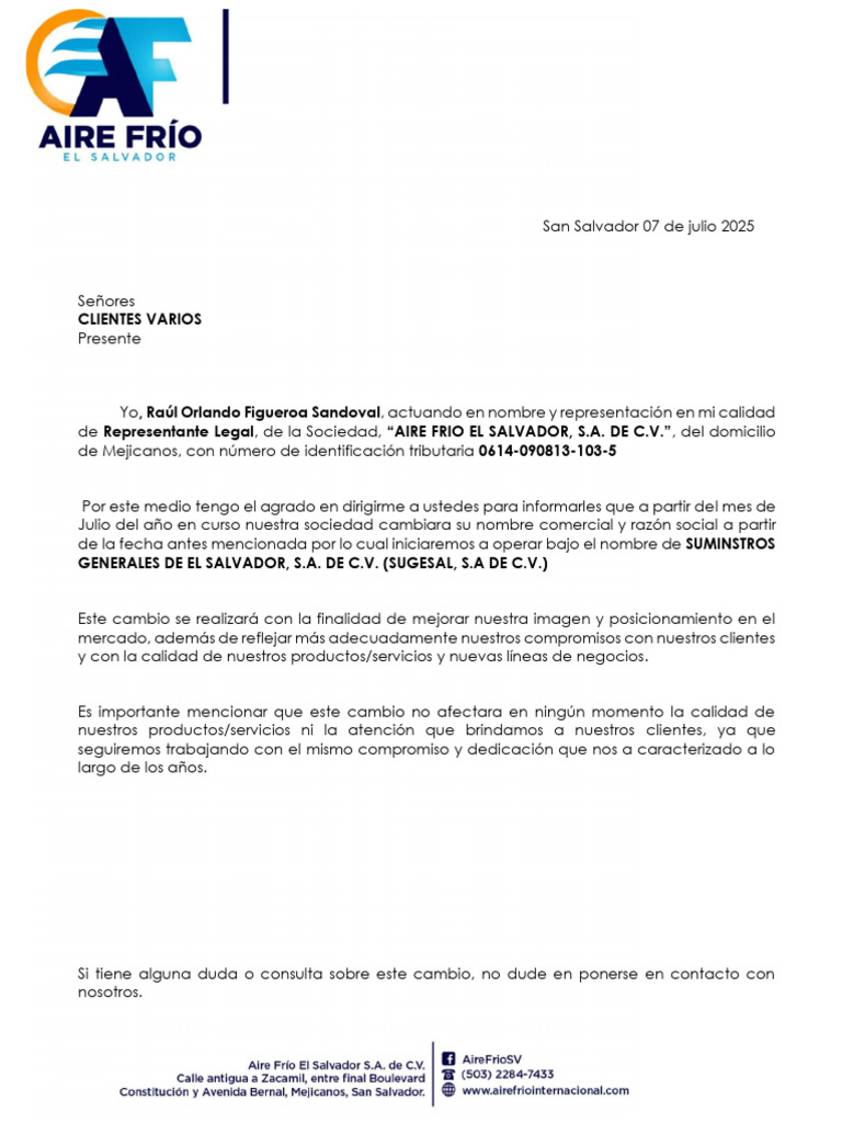 Cambio de Razón Social de AIRE FRIO | PDF