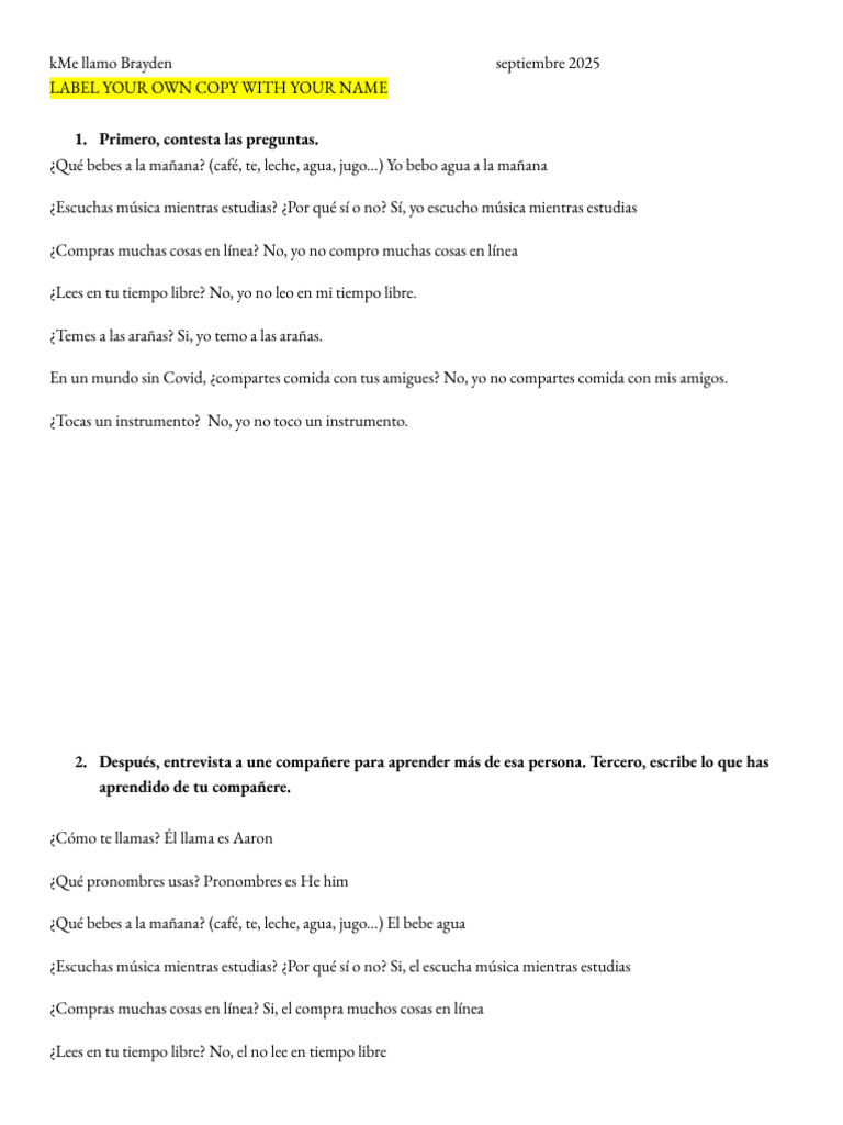 SP2-U1-informacion Personal, Repaso de Verbos | PDF