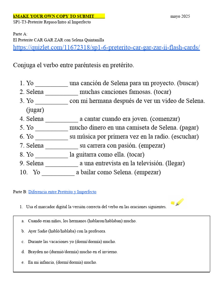 Intro Al Preterite y Imperfecto Sp1 - Ulitmos Clases | PDF