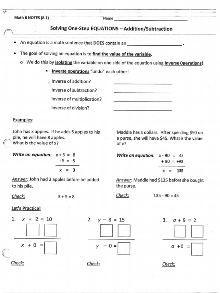 6th Grade Evaluating One Step Equations Packet | PDF