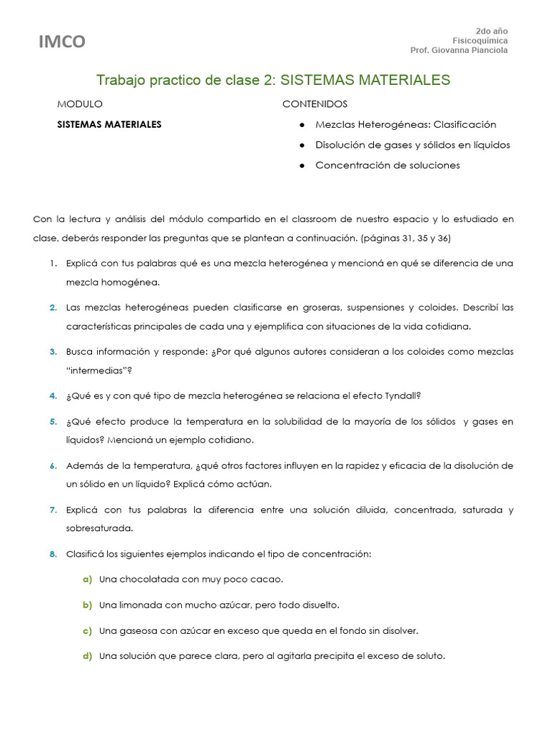 Trabajo Pr-Ctico de Clase 2 - SISTEMAS MATERIALES | PDF | Mezcla | Concentración