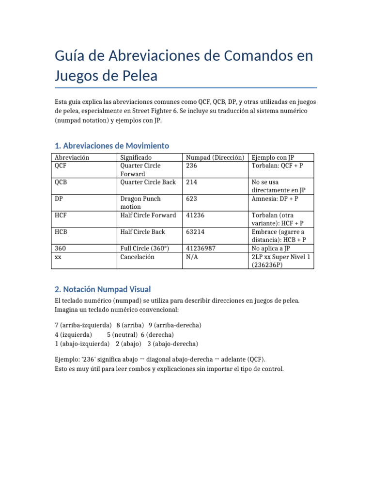 Guía Comandos Abreviaciones Juegos Pelea | PDF