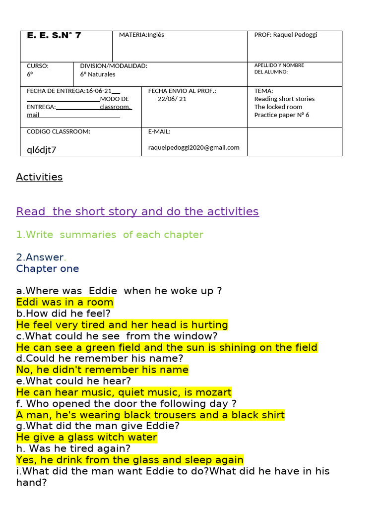 Short Story Reading Activities Guide | PDF | Linguistics | Syntax