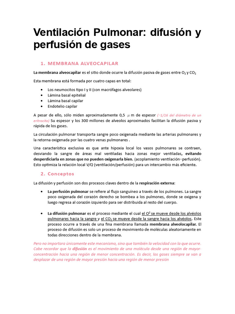 Difusión y perfusión pulmonar de gases | PDF | Pulmón | Respiración