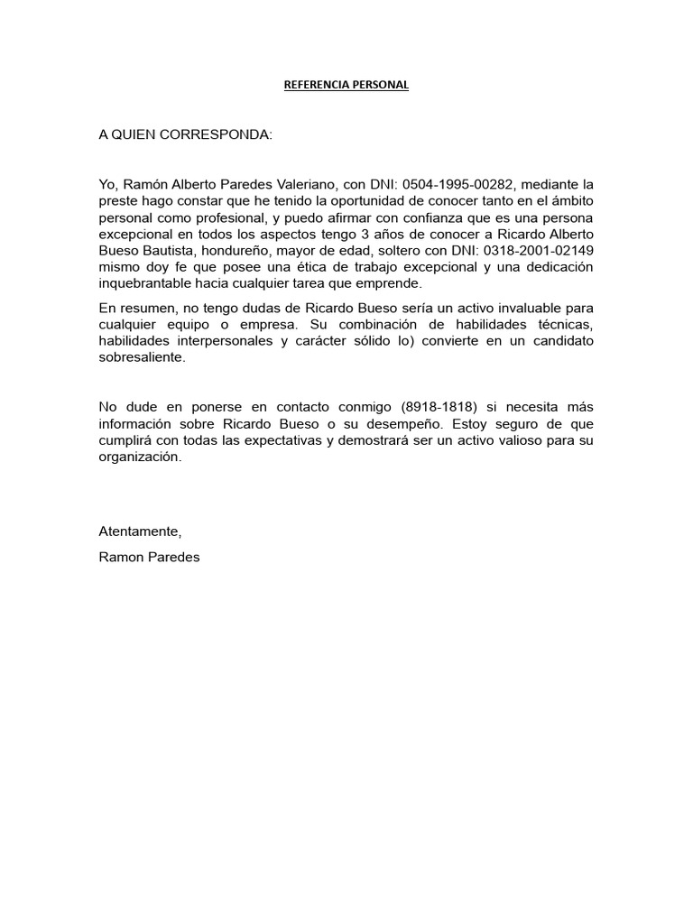 Referencia Personal para Ricardo Bueso | PDF