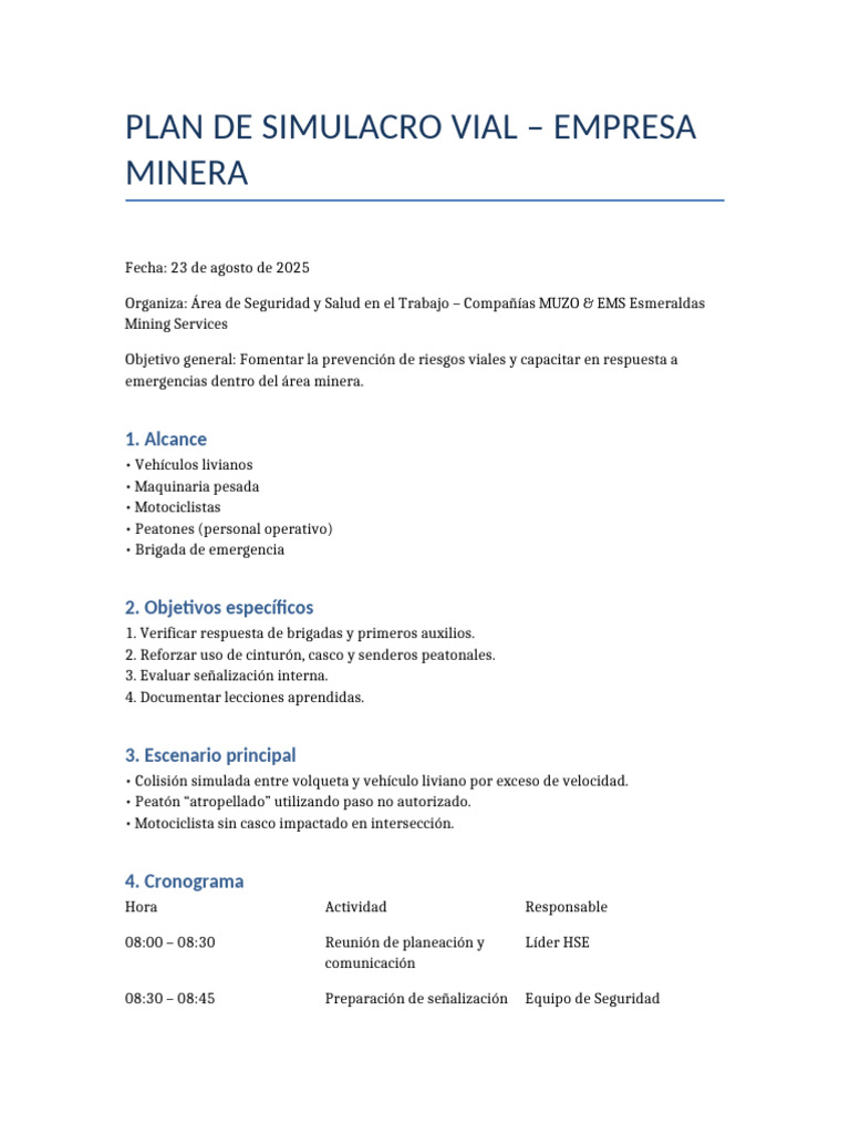 Plan Simulacro Vial Muzo EMS | PDF