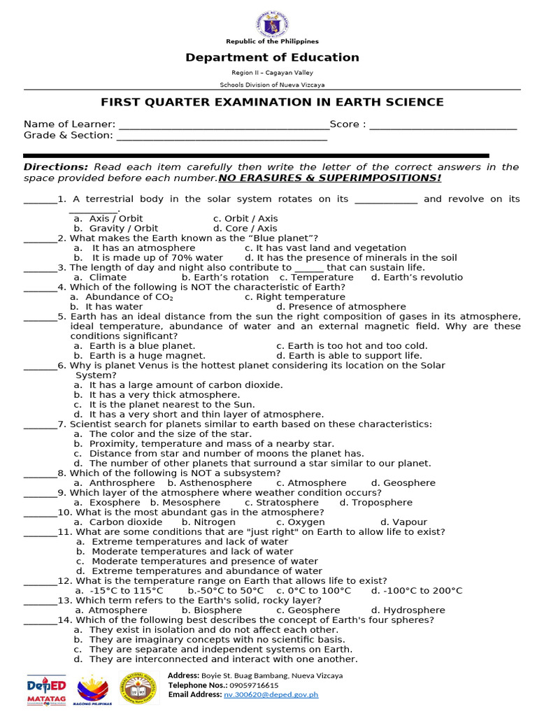 Earth Science First Quarter Exam | PDF | Rock (Geology) | Igneous Rock