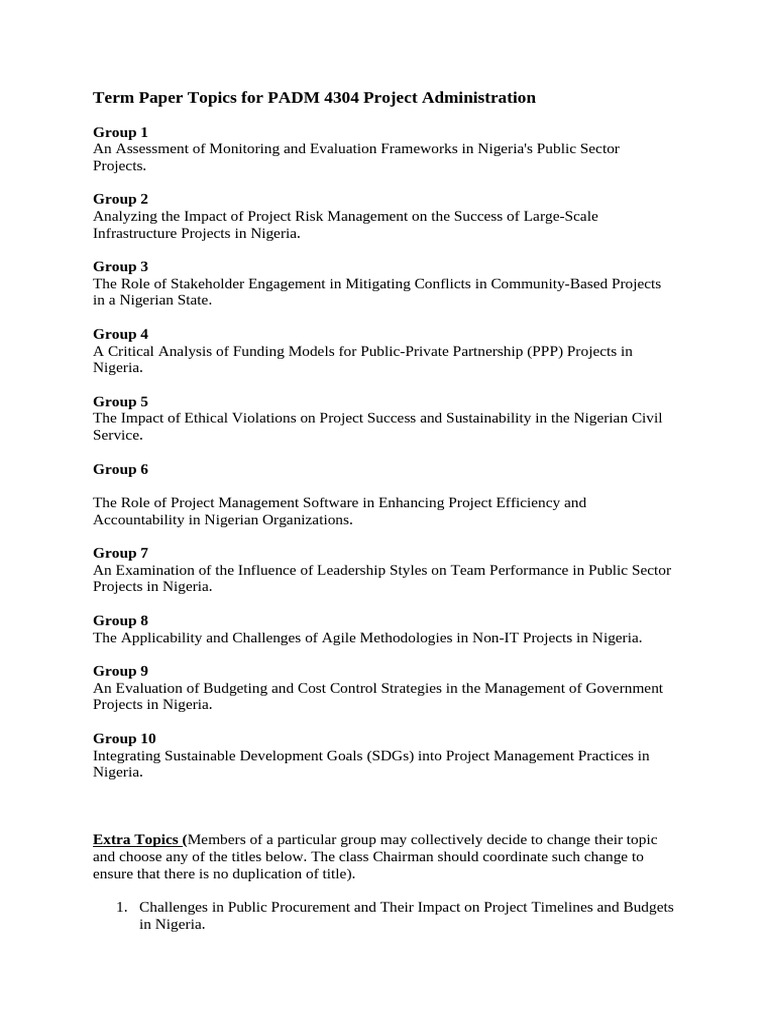 Term Paper Topics For PADM 4304 Project Administration | PDF
