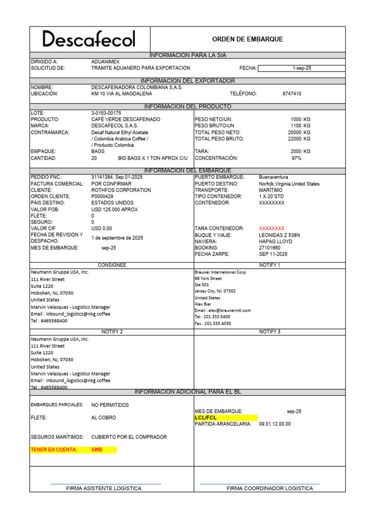 Orden de Embarque y Lista de Empaque | PDF | café