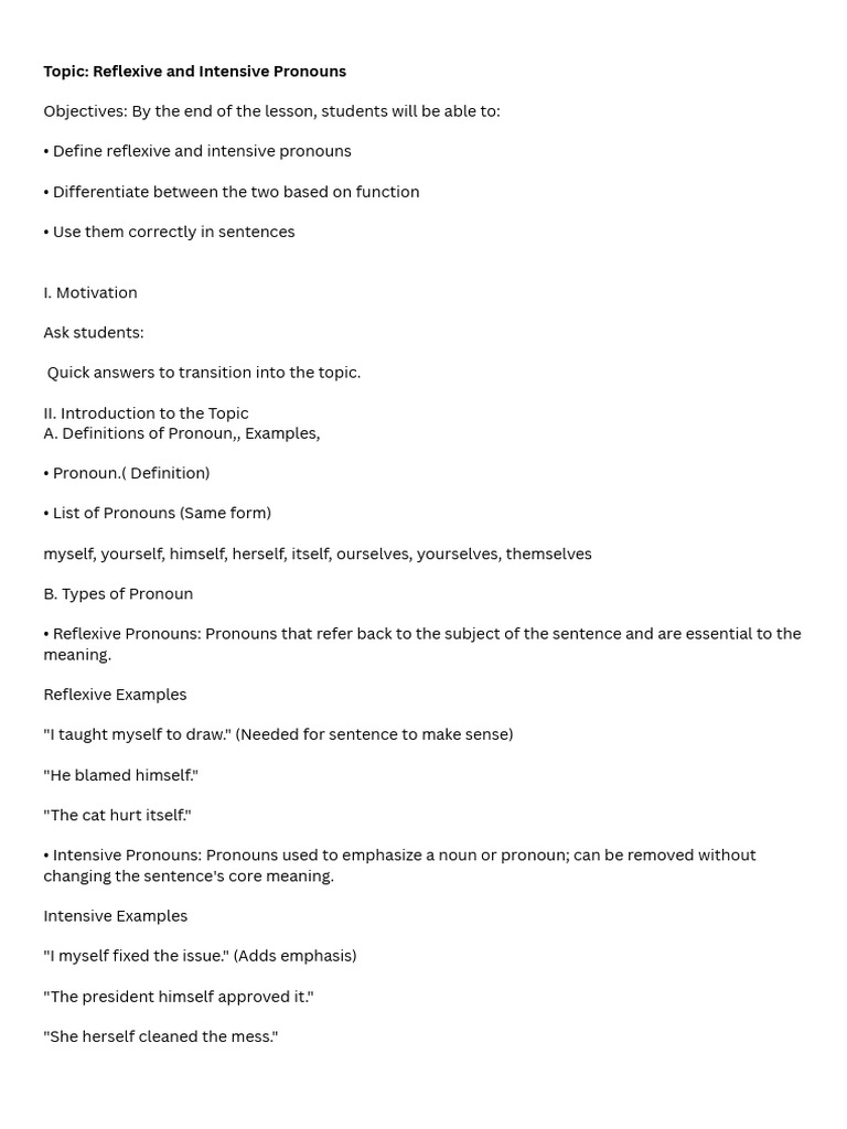 Lesson - Reflexive and Intensive Pronoun | PDF | Pronoun | Linguistics