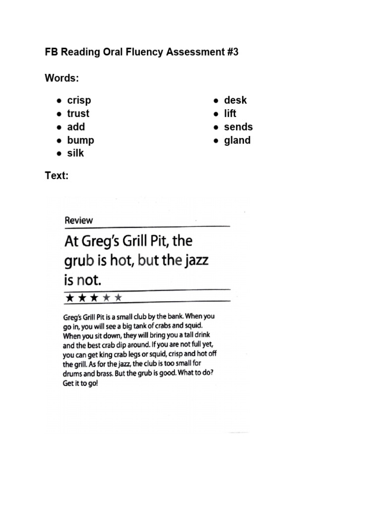 FB Reading Oral Fluency Assessment #3 | PDF