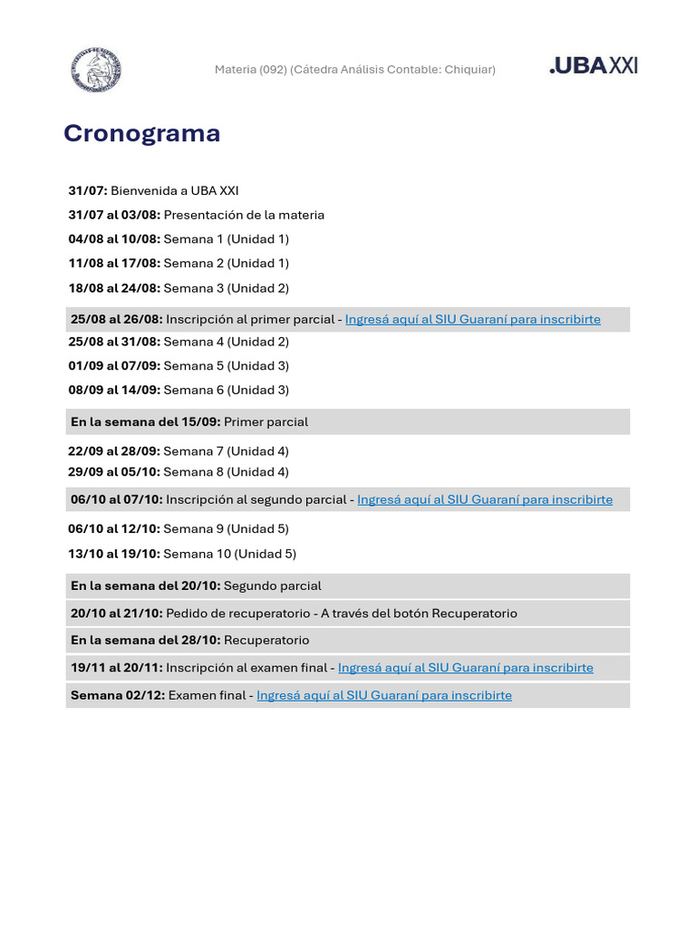 Cronograma - Análisis Contable 2C 2025 UBA XXI | PDF