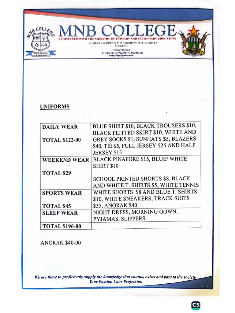 Uniforms List 2025 | PDF
