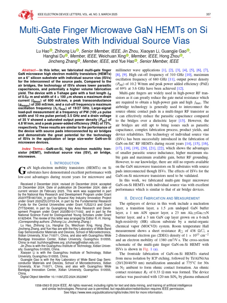 Multi-Gate Finger Microwave GaN HEMTs On Si Substrates With Individual ...