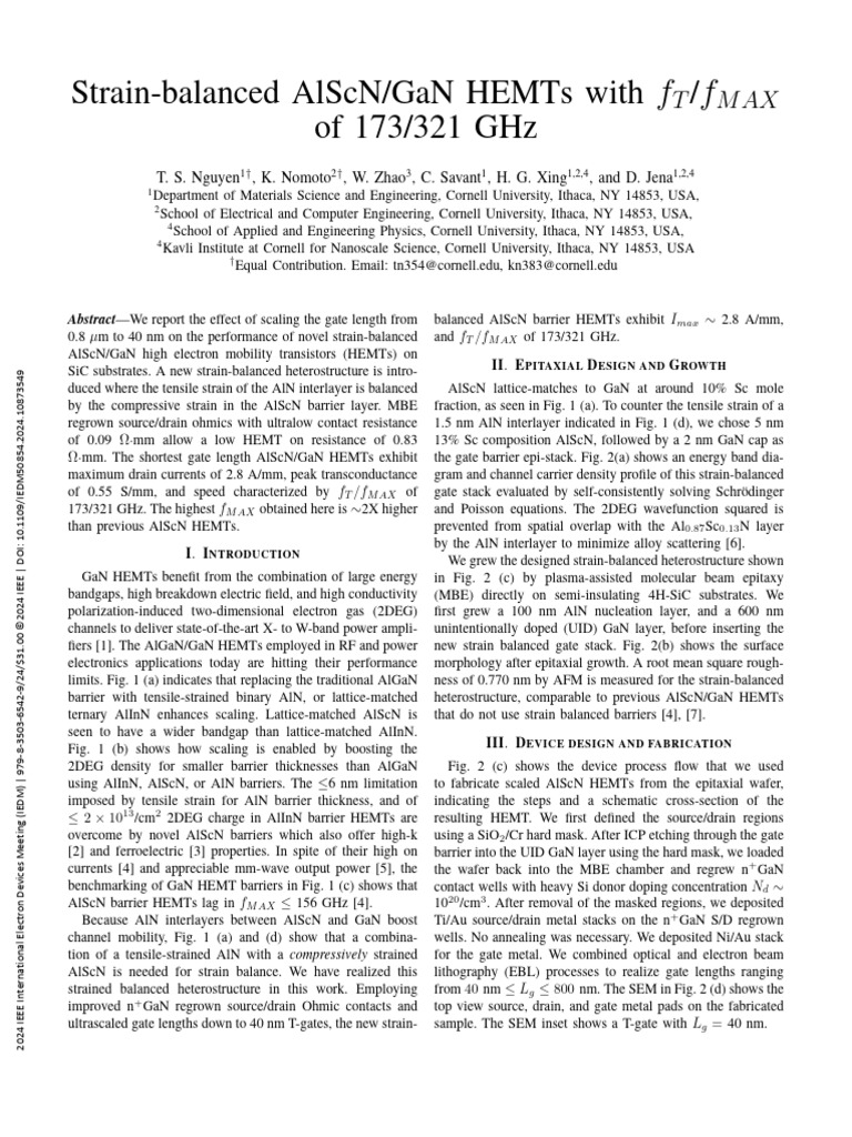 Strain-Balanced AlScN GaN HEMTs With FT FMAX of 173 321 GHZ | PDF ...