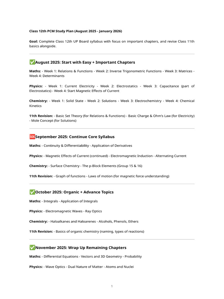 12th PCM Study Plan | PDF | Chemistry | Physics