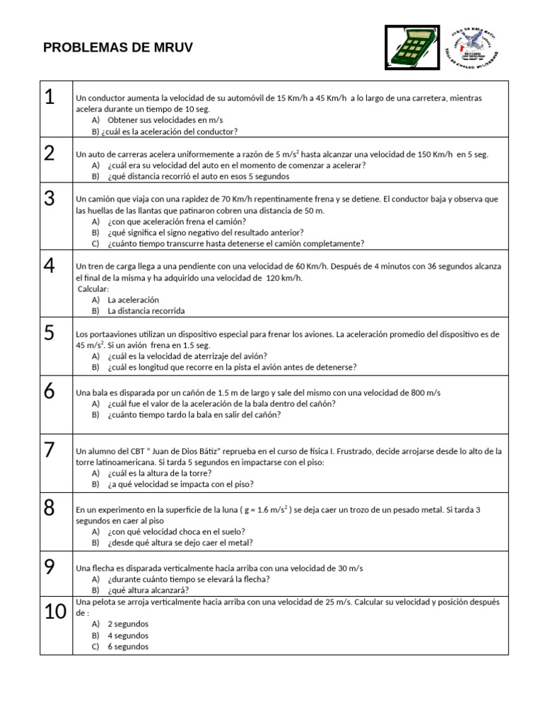 Problemas MRUV 2012 | PDF | Transporte