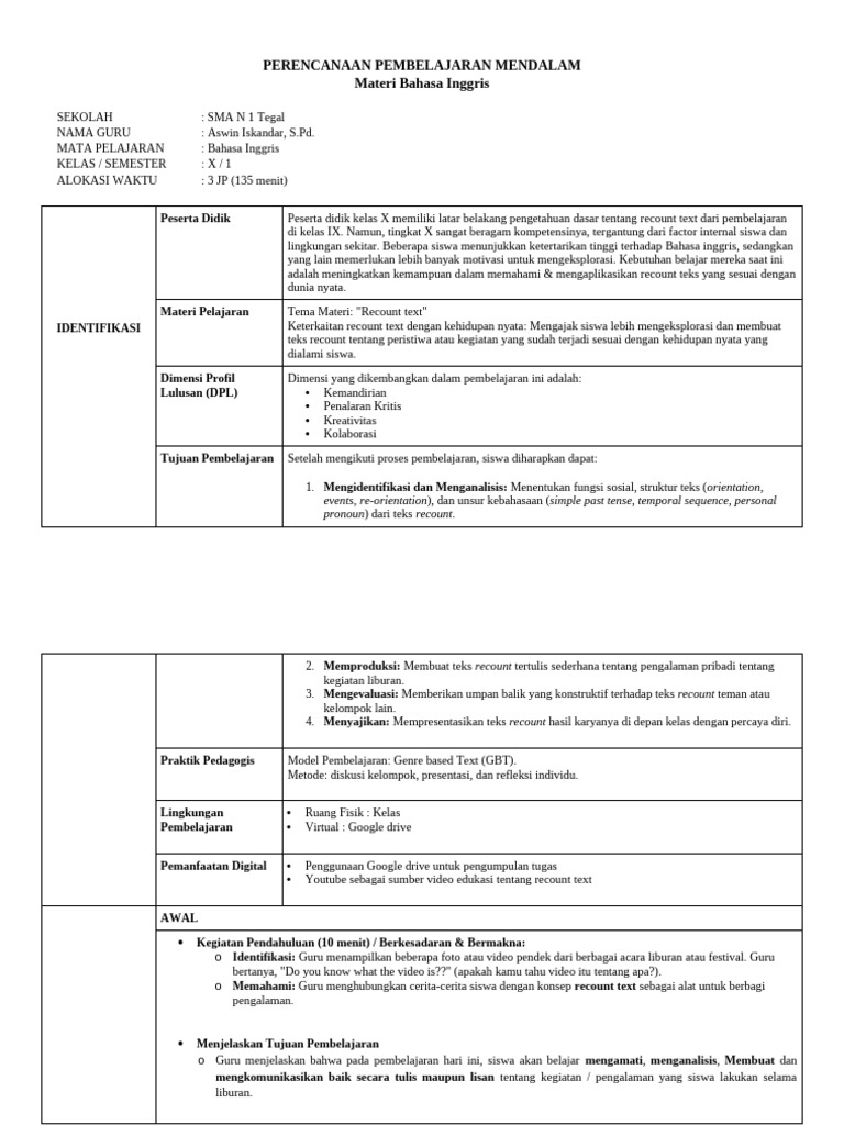 RPP - PEMBELAJARAN MENDALAM Materi RECOUNT TEXT | PDF