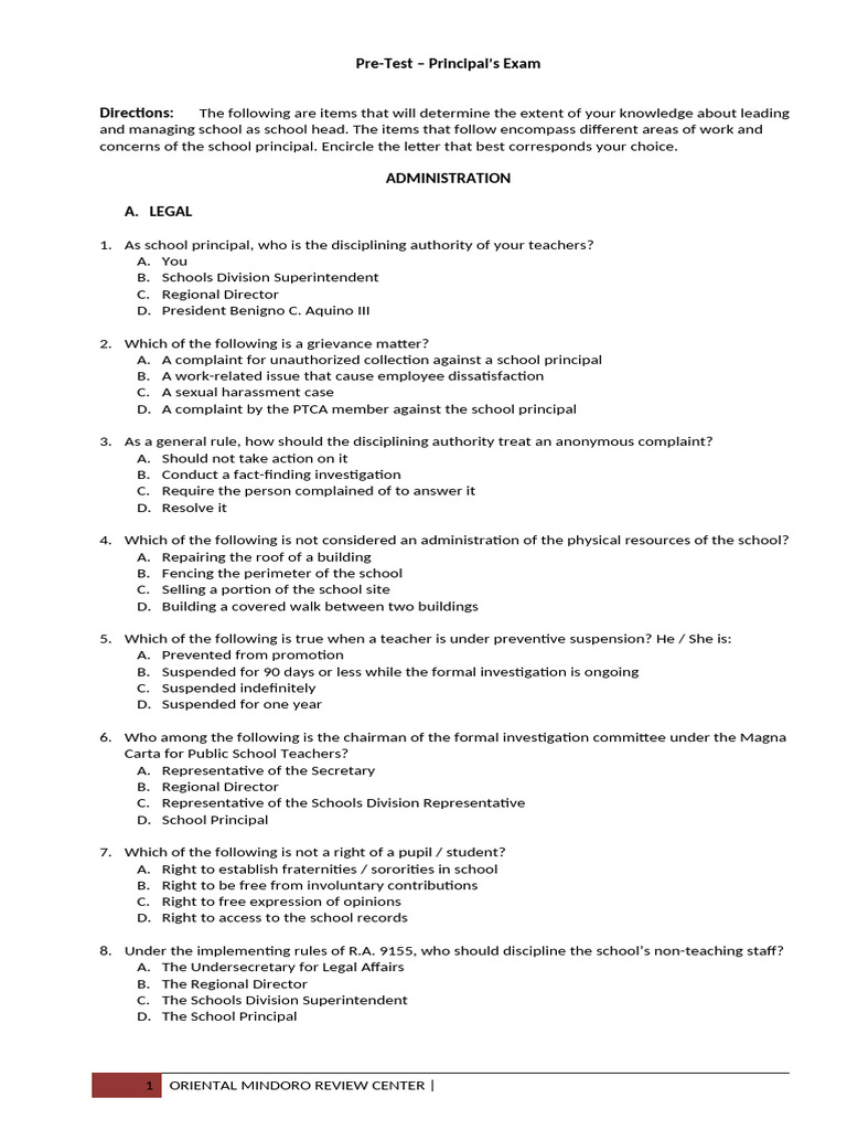 Principal's Exam Pre-Test Guide | PDF | Budget | Expense