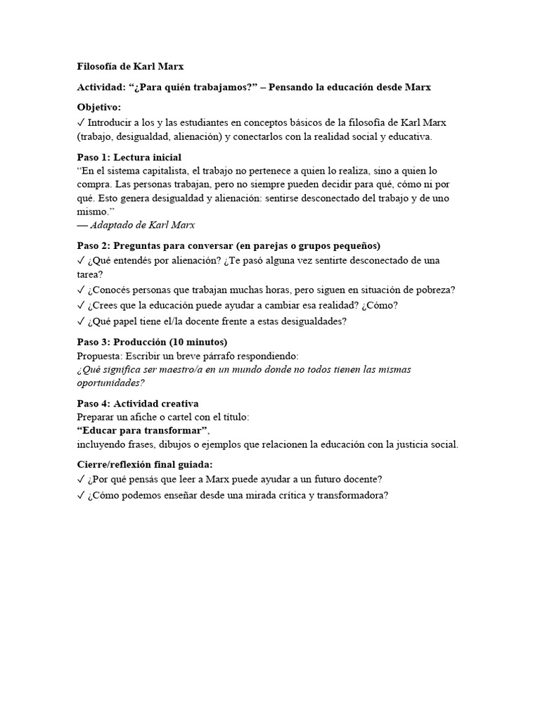 Filosofía de Karl Marx - Trabajo | PDF | Educación en artes liberales