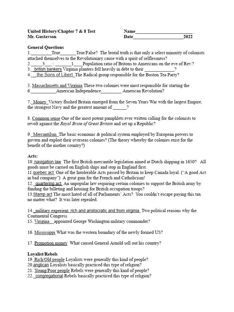 Revolutionary War Chapter 7 & 8 Test | PDF | George Washington ...