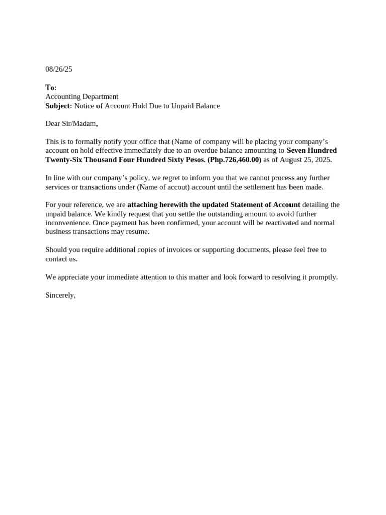 Notice of Unpaid Balance Format | PDF