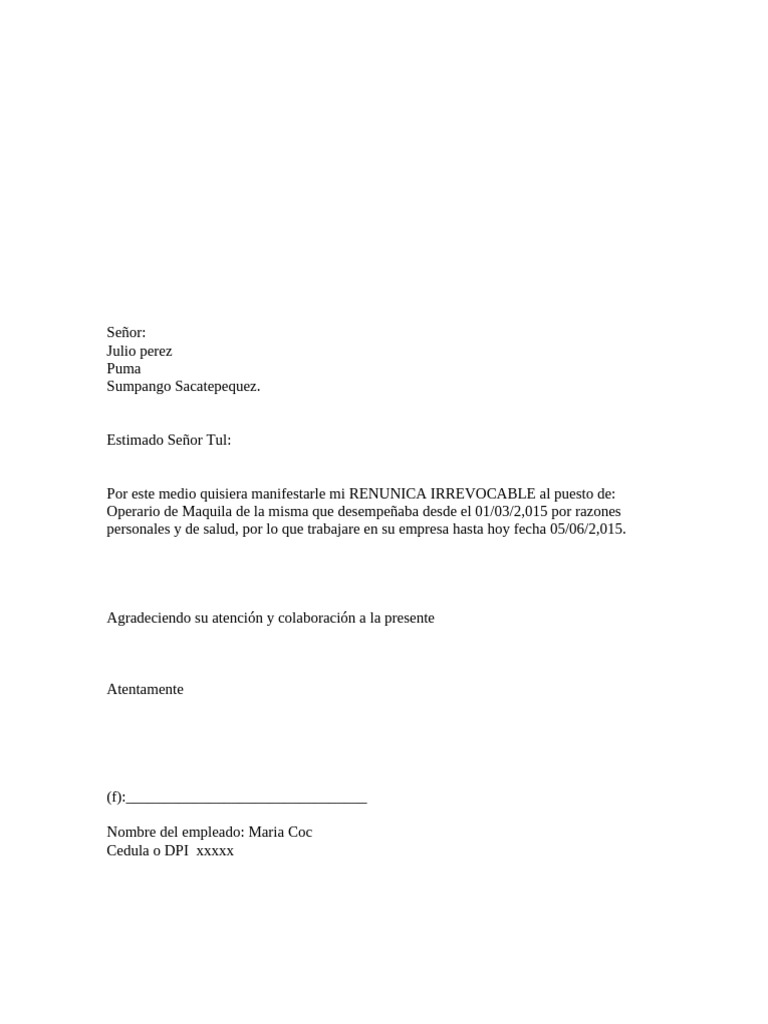Renuncia Irrevocable de Maria Coc | PDF