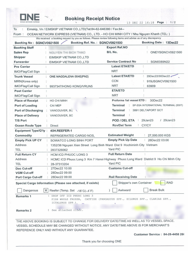 Vessel Booking Confirmation | PDF