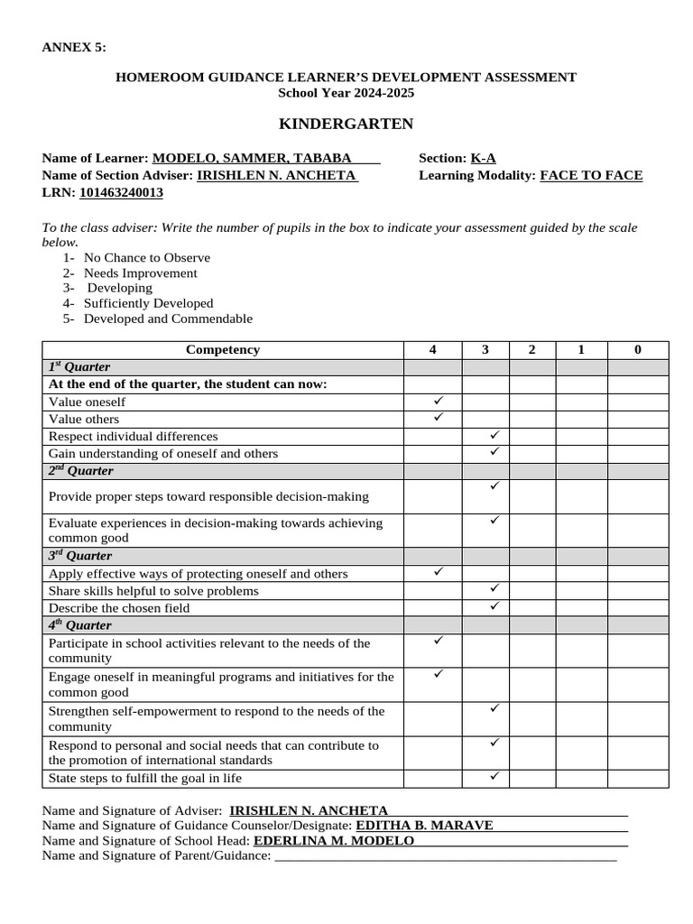 Kindergarten Learner Development Assessment | PDF