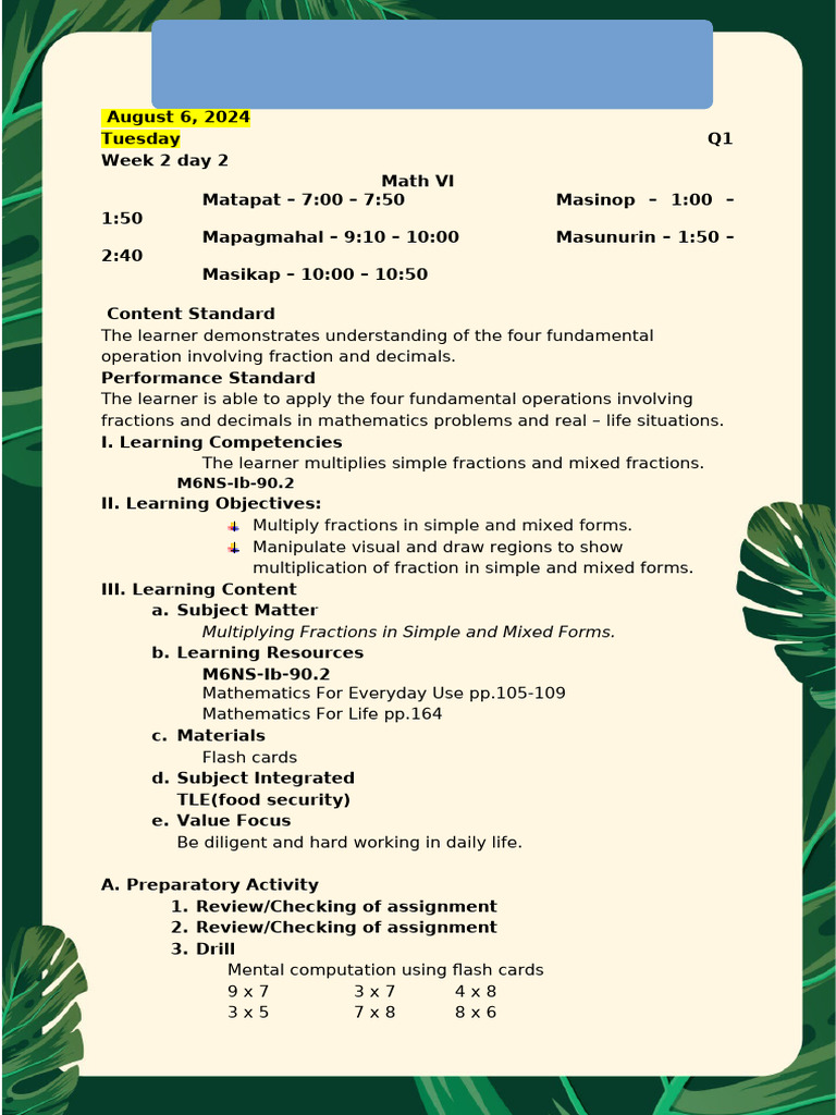 Multiplying Fractions Lesson Plan | PDF | Mathematics | Arithmetic