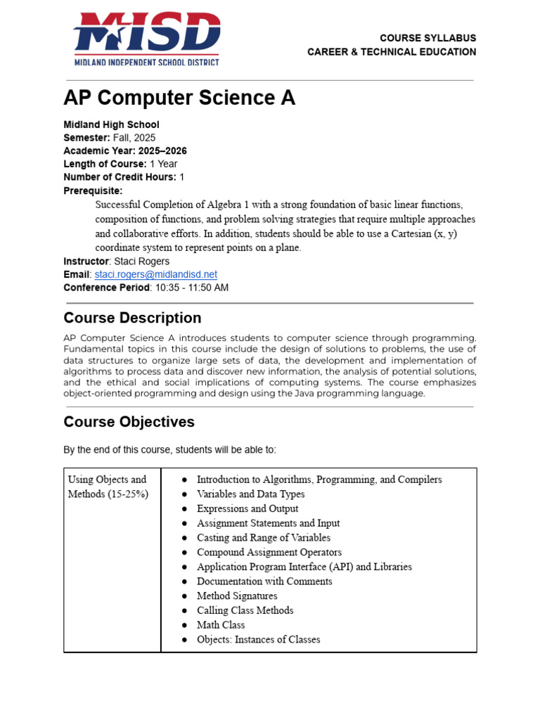 Rogers APComputerScienceA Fall2025 26 | PDF | Class (Computer Programming) | Method (Computer ...