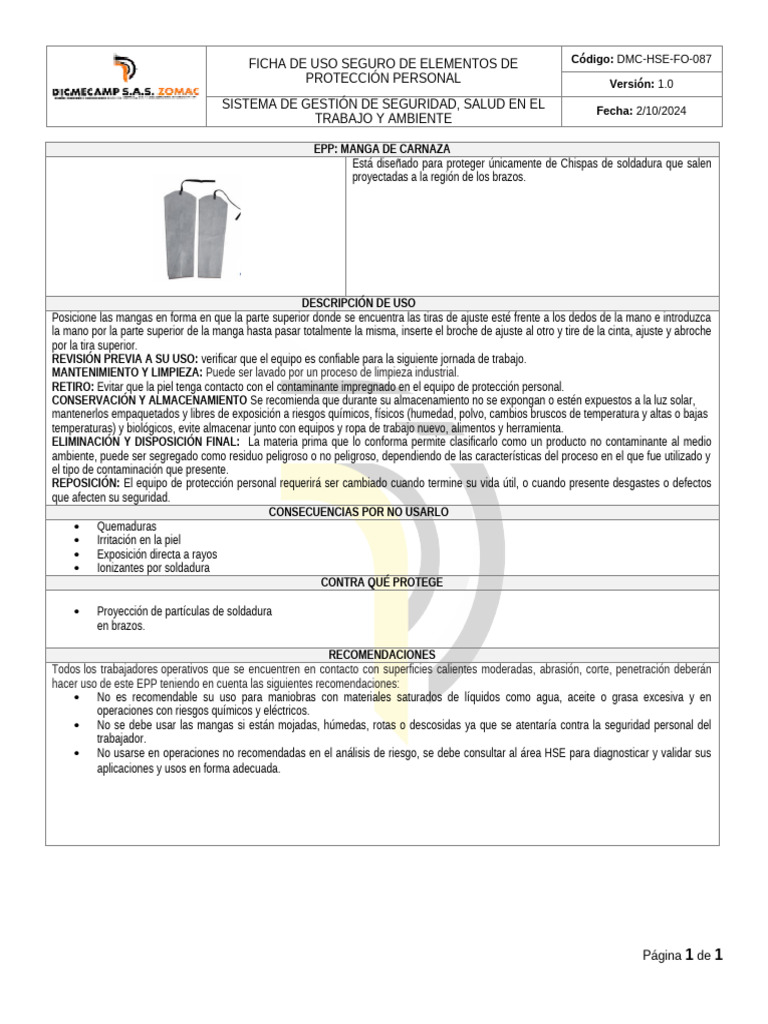 Dmc-Hse-Fo-087 Ficha de Epp - Mangas de Carnaza | PDF | Soldadura ...