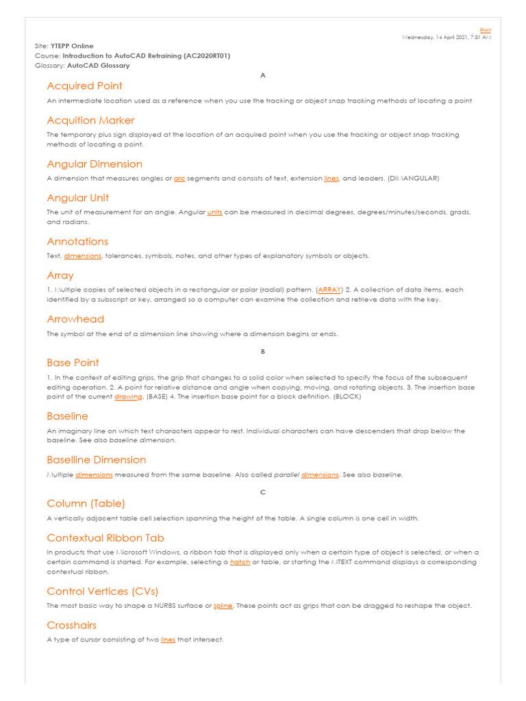 AutoCAD Glossary | PDF | Menu (Computing) | Angle