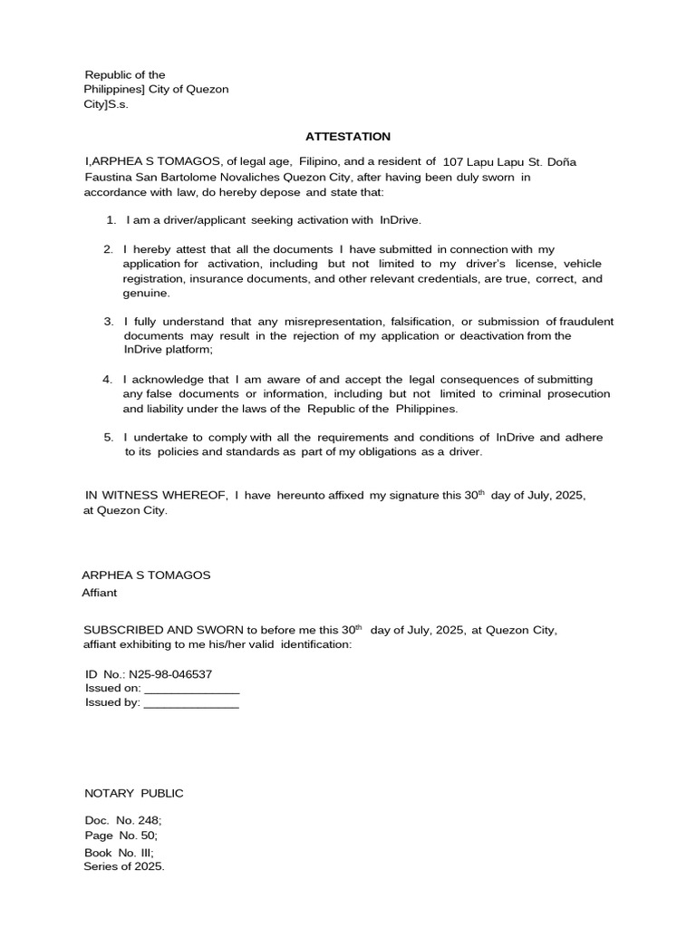 Attestation Form Indrive Blank Form - Docx (1) | PDF