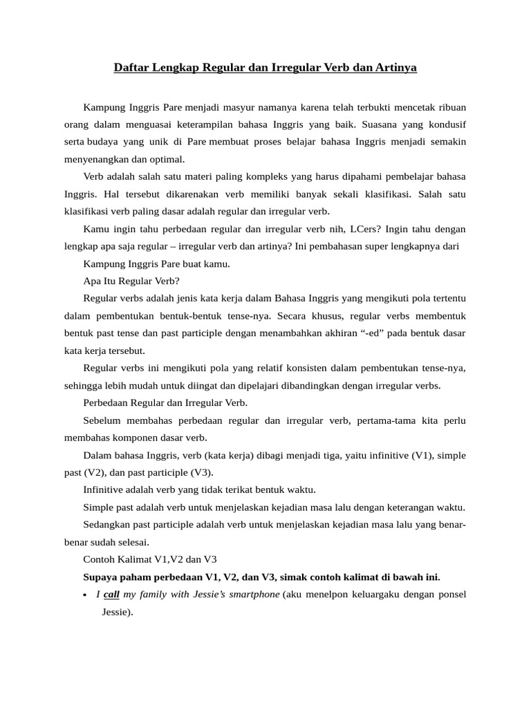 Daftar Lengkap Regular Dan Irregular Verb Dan Artinya | PDF