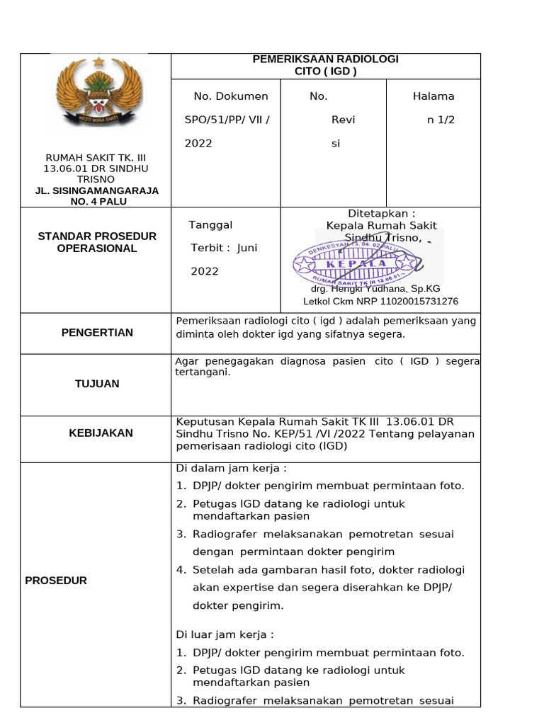 Spo Pemeriksaan Radiologi Cito (Igd) | PDF