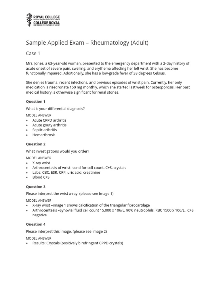Rheumatology Adult Sample Applied Exam e | PDF | Arthritis | Gout