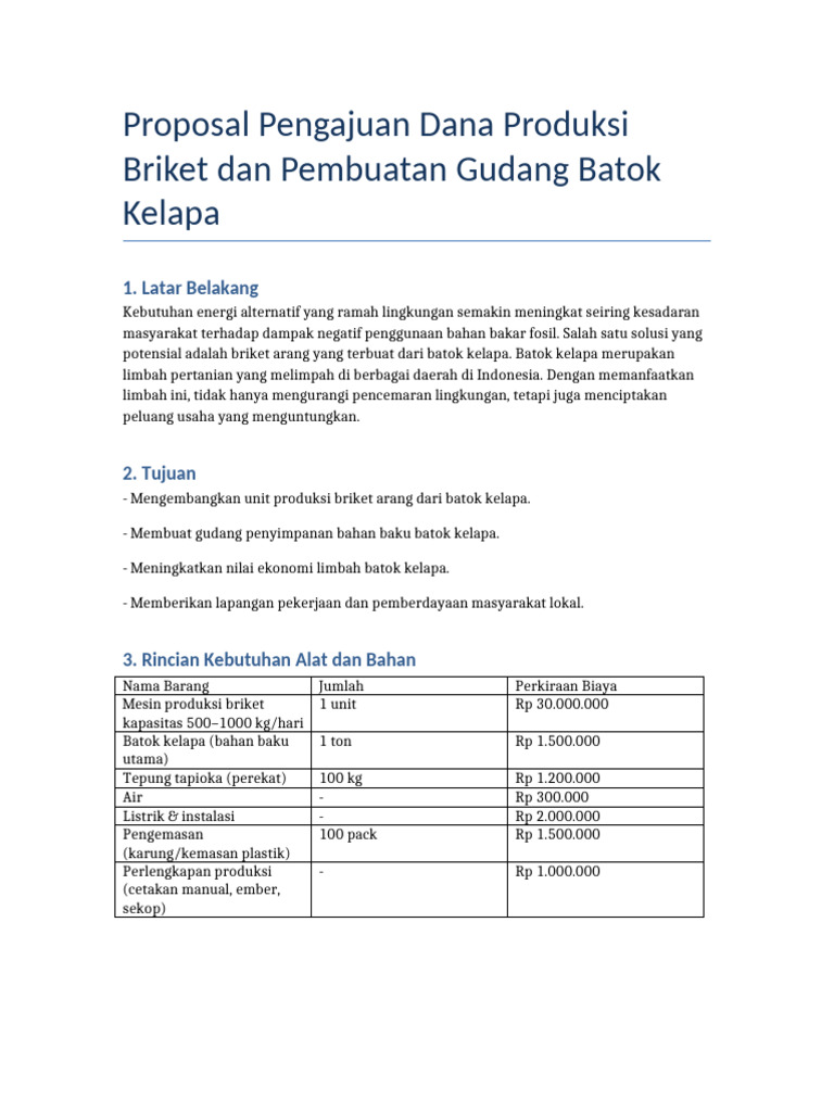 Proposal Produksi Briket Dan Gudang Batok Kelapa Revisi | PDF