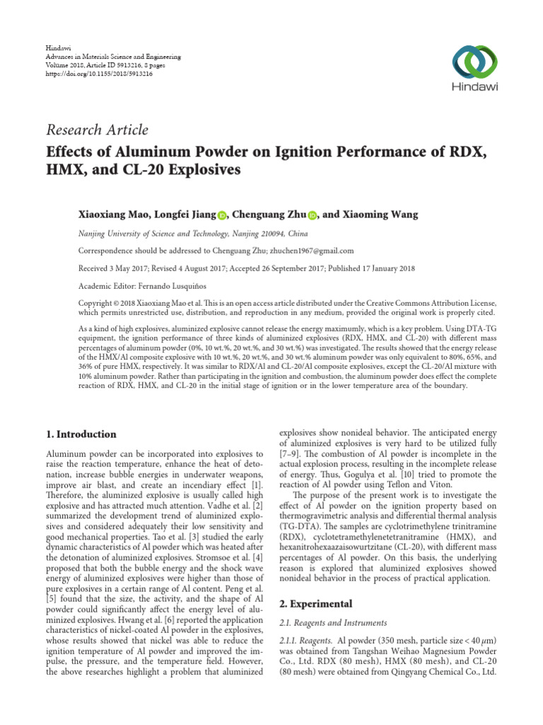 Effects of Aluminum Powder On Ignition Performance of RDX | PDF ...