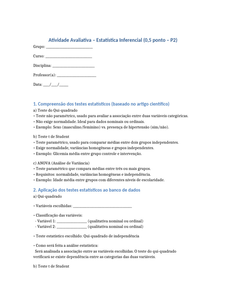 Testes Estatísticos em Estatística Inferencial | PDF | Análise de ...