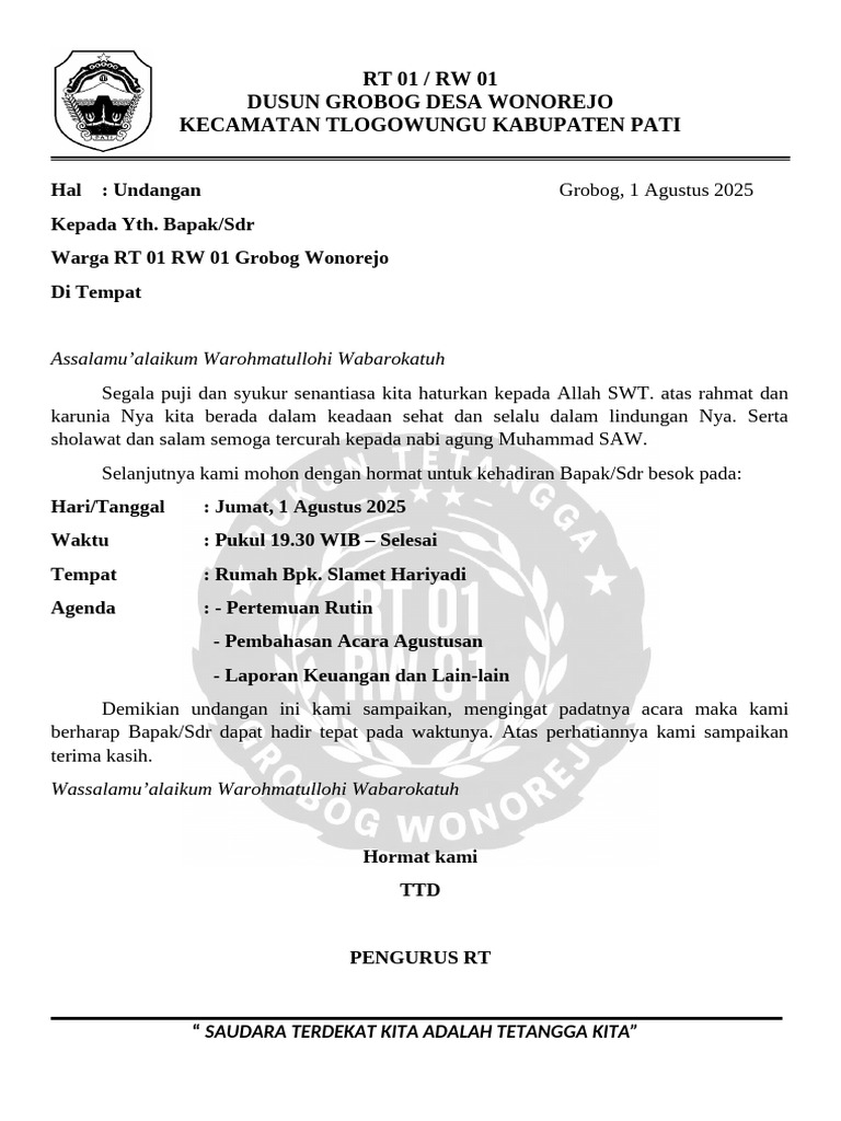 Undangan Pertemuan RT 01 Grobog 2025 | PDF