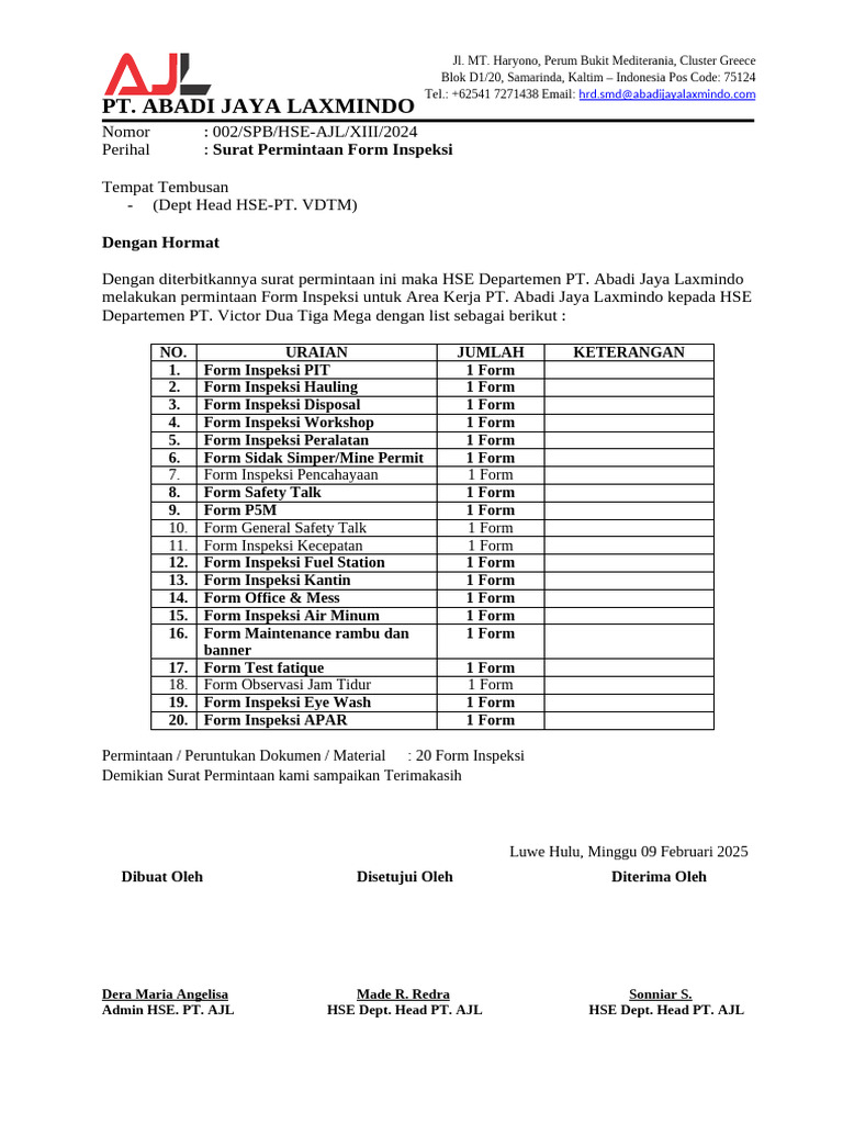 Surat Permintaan Eksternal PT. AJL | PDF