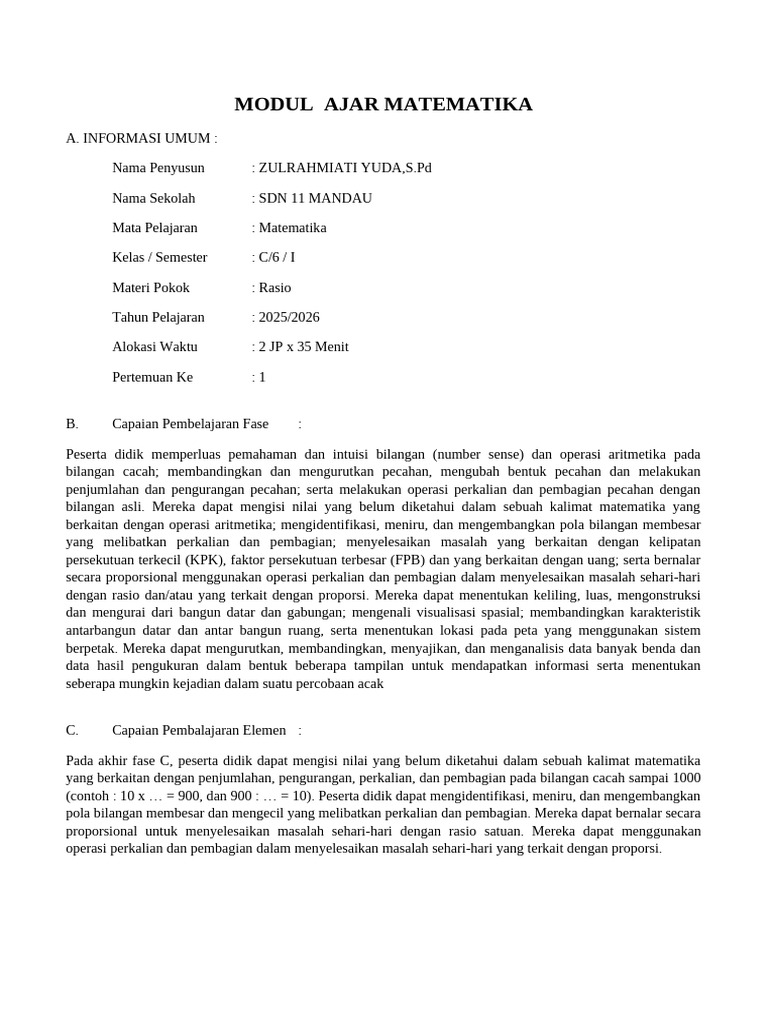 MODUL AJAR MATEMATIKA Rasio Okey | PDF