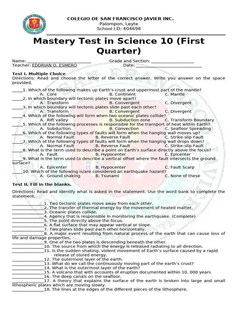 q1 Mastery Test in Science 10 | PDF | Plate Tectonics | Fault (Geology)