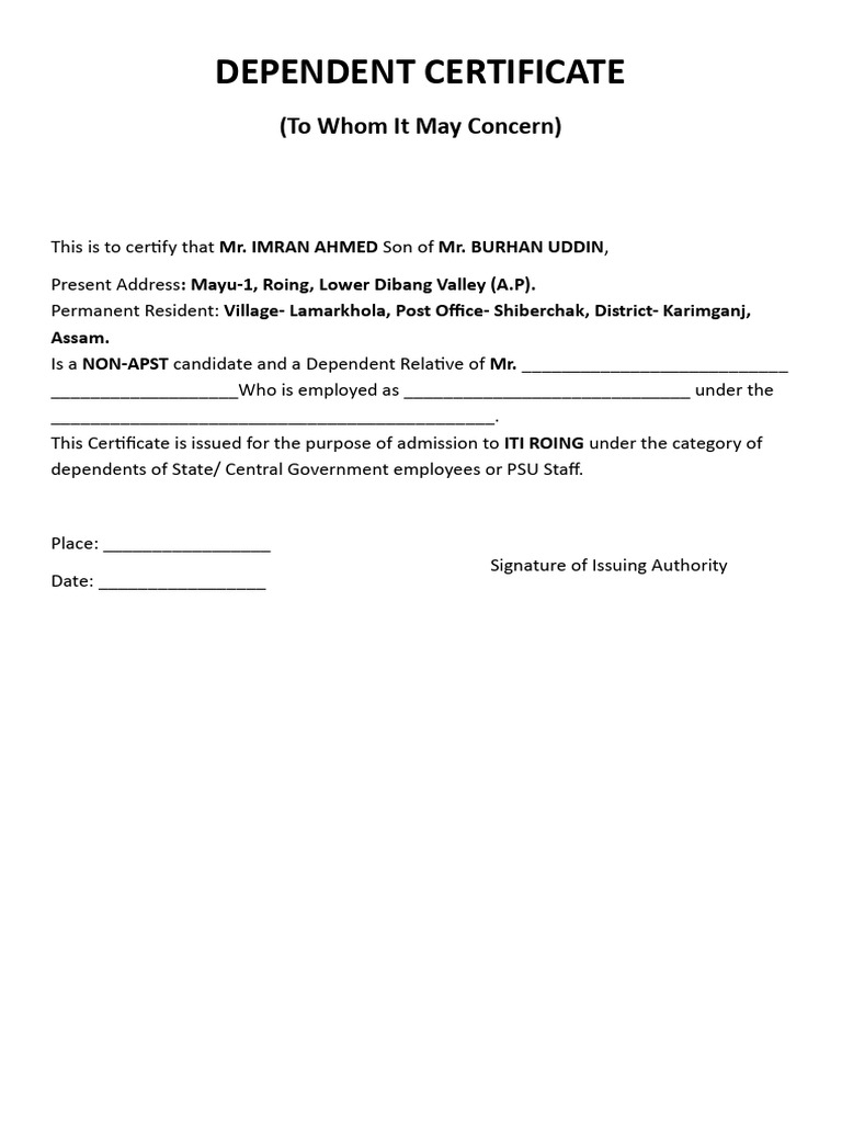 Dependent Certificate | PDF