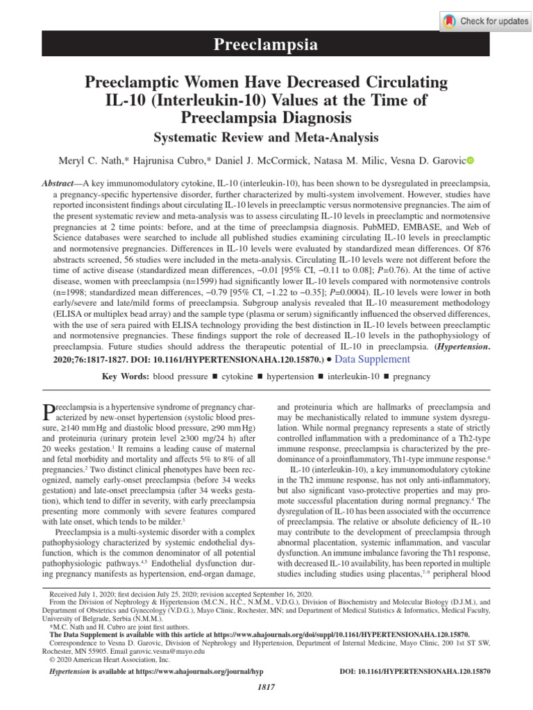 Preeclamptic Women Have Decreased Circulating IL10 Values at The Time ...