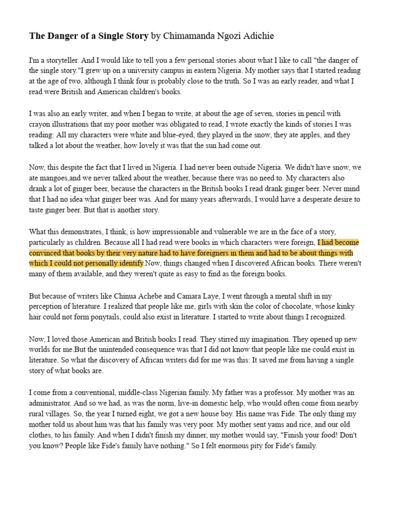 The Danger of A Single Story by Chimamanda Ngozi Adichie | PDF