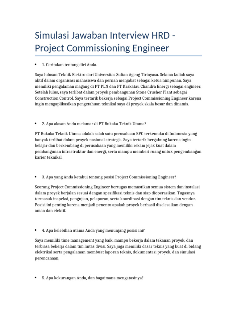 Simulasi Interview Project Engineer | PDF
