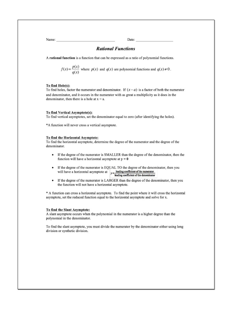 Graphs of Rational Functions Notes & Answer Keys | PDF